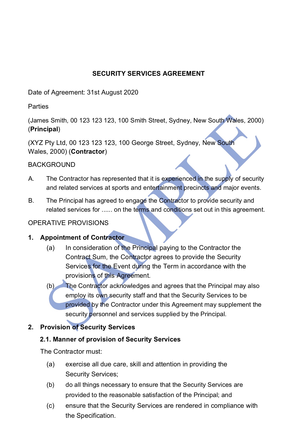 Security Services Contract Free Template Sample Lawpath